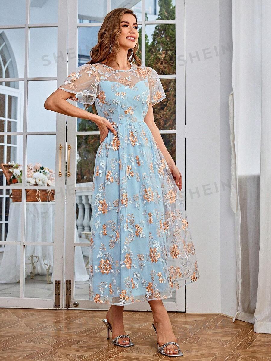 Simplee Floral Embroidery Mesh Overlay Cocktail Dress | SHEIN USA