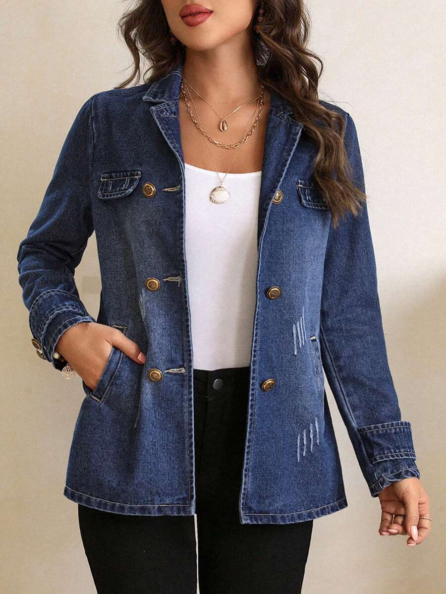 SHEIN LUNE Flap Detail Double Breasted Denim Jacket | SHEIN USA