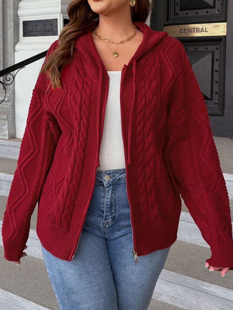 SHEIN LUNE Plus Cable Knit Zip Up Drop Shoulder Hooded Cardigan | SHEIN USA