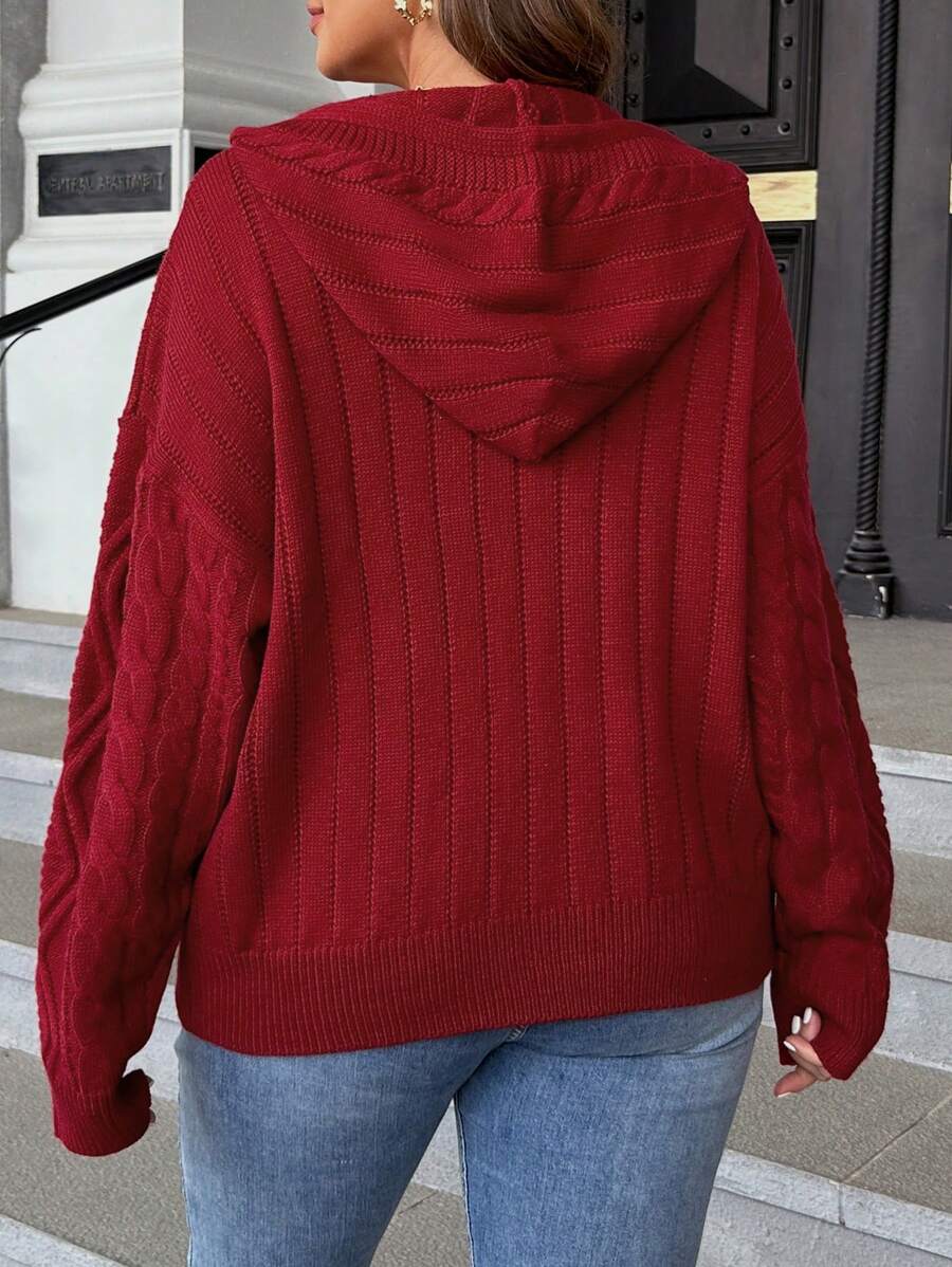 SHEIN LUNE Plus Cable Knit Zip Up Drop Shoulder Hooded Cardigan | SHEIN USA