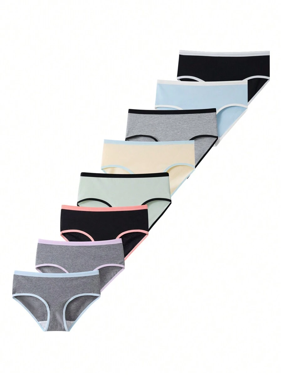 Teen Girls' Underwear 8pcs/Set Neutral Solid Color Basic Style Contrast ...