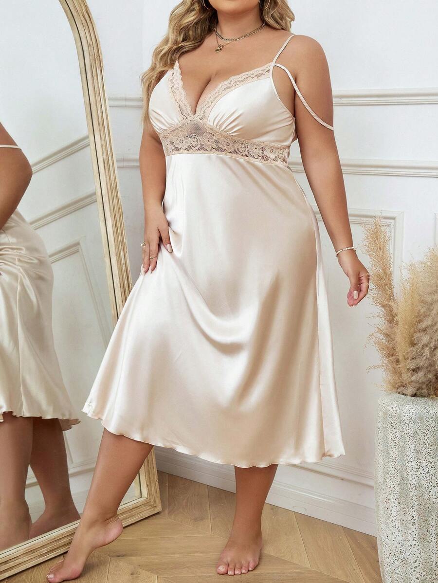 Plus Contrast Lace Satin Cami Nightdress Shein Usa