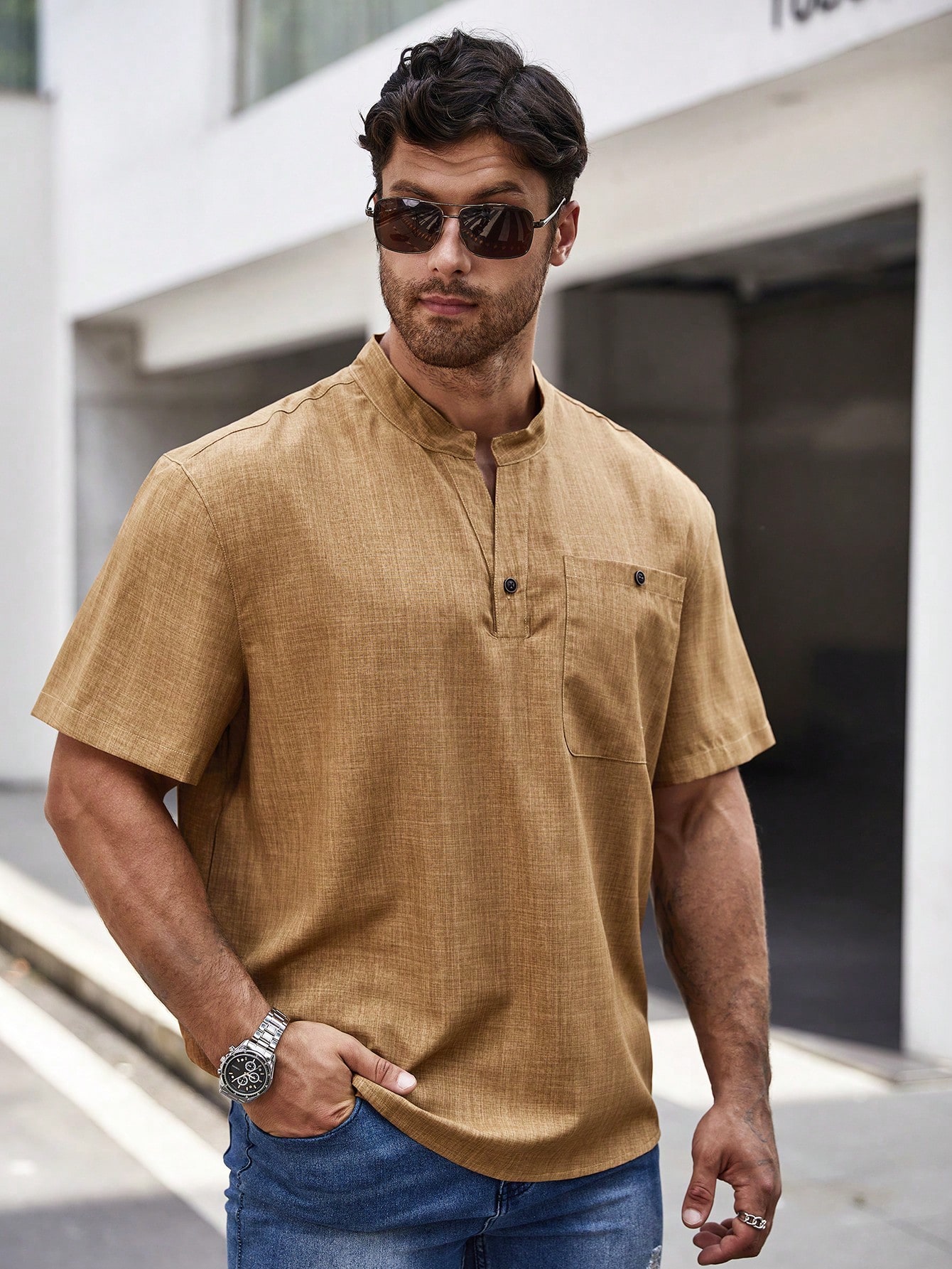 Manfinity Homme Men Plus Patched Pocket Half Button Shirt for Sale New Zealand| New Collection ...