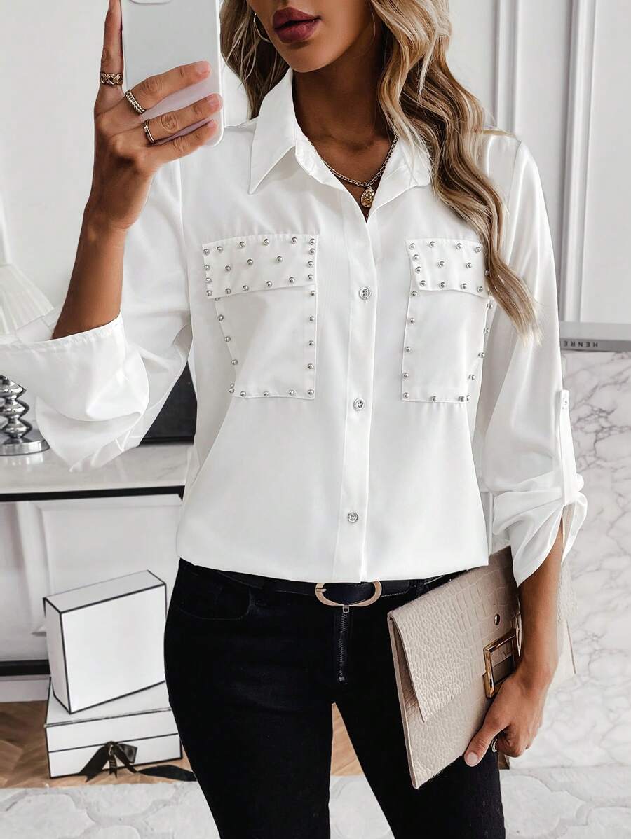Calvaya Studded Detail Roll Tab Sleeve Shirt | SHEIN USA