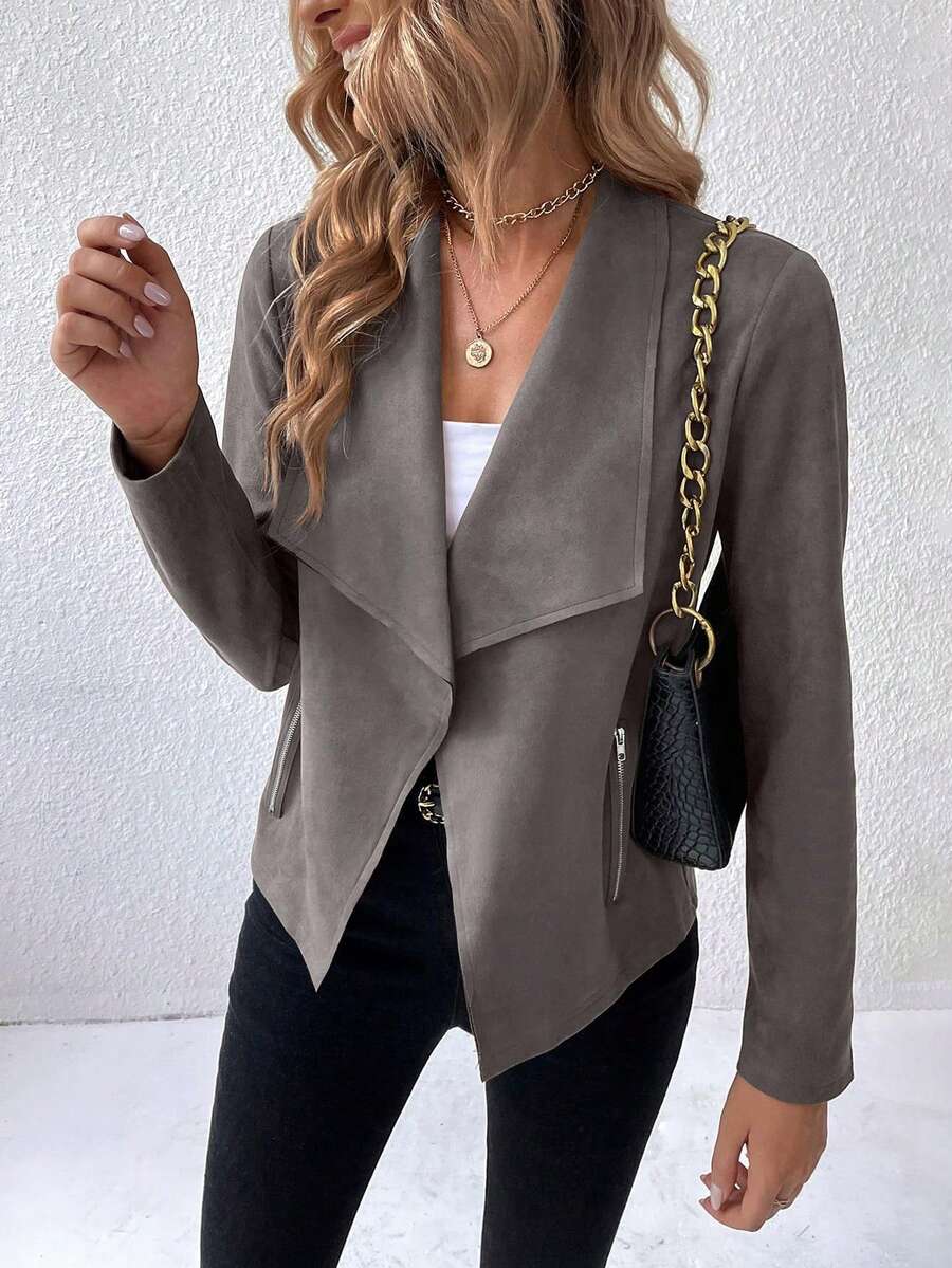 SHEIN LUNE Waterfall Collar Open Front Suedette Jacket | SHEIN USA