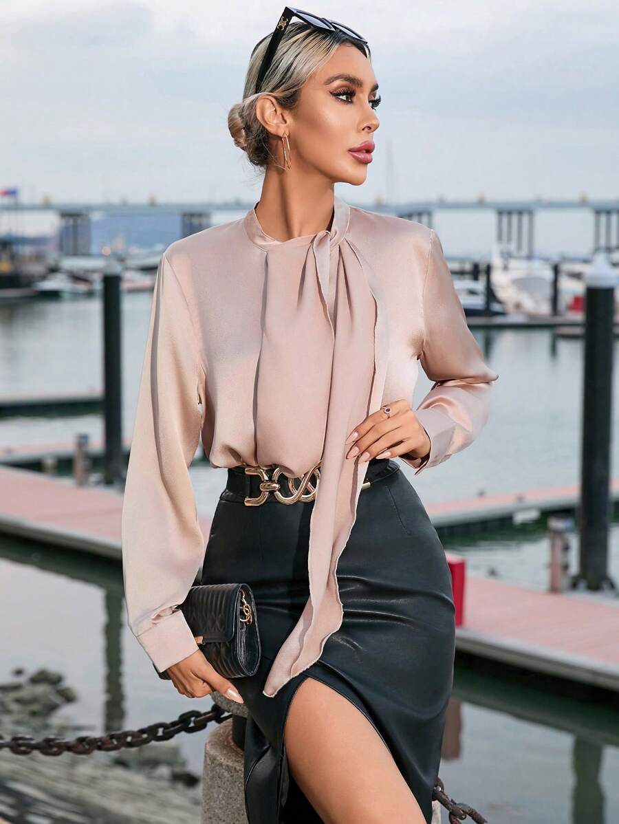 Shein Bizwear Solid Tie Neck Blouse Shein Usa