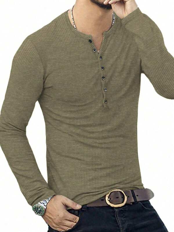 NITAGUT Men Half Button Ribbed Knit Tee | SHEIN USA