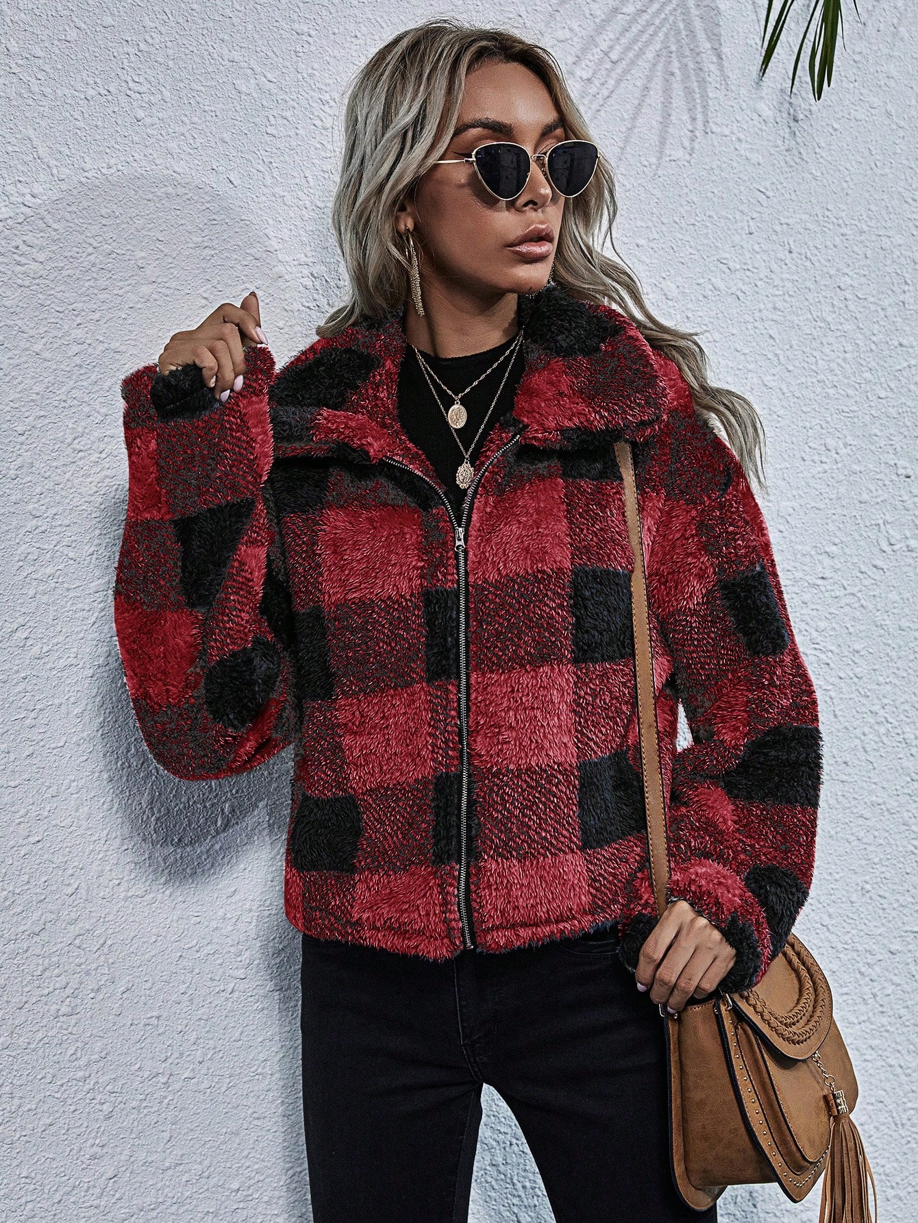 SHEIN LUNE Buffalo Plaid Zip Up Flannelette Jacket | SHEIN USA