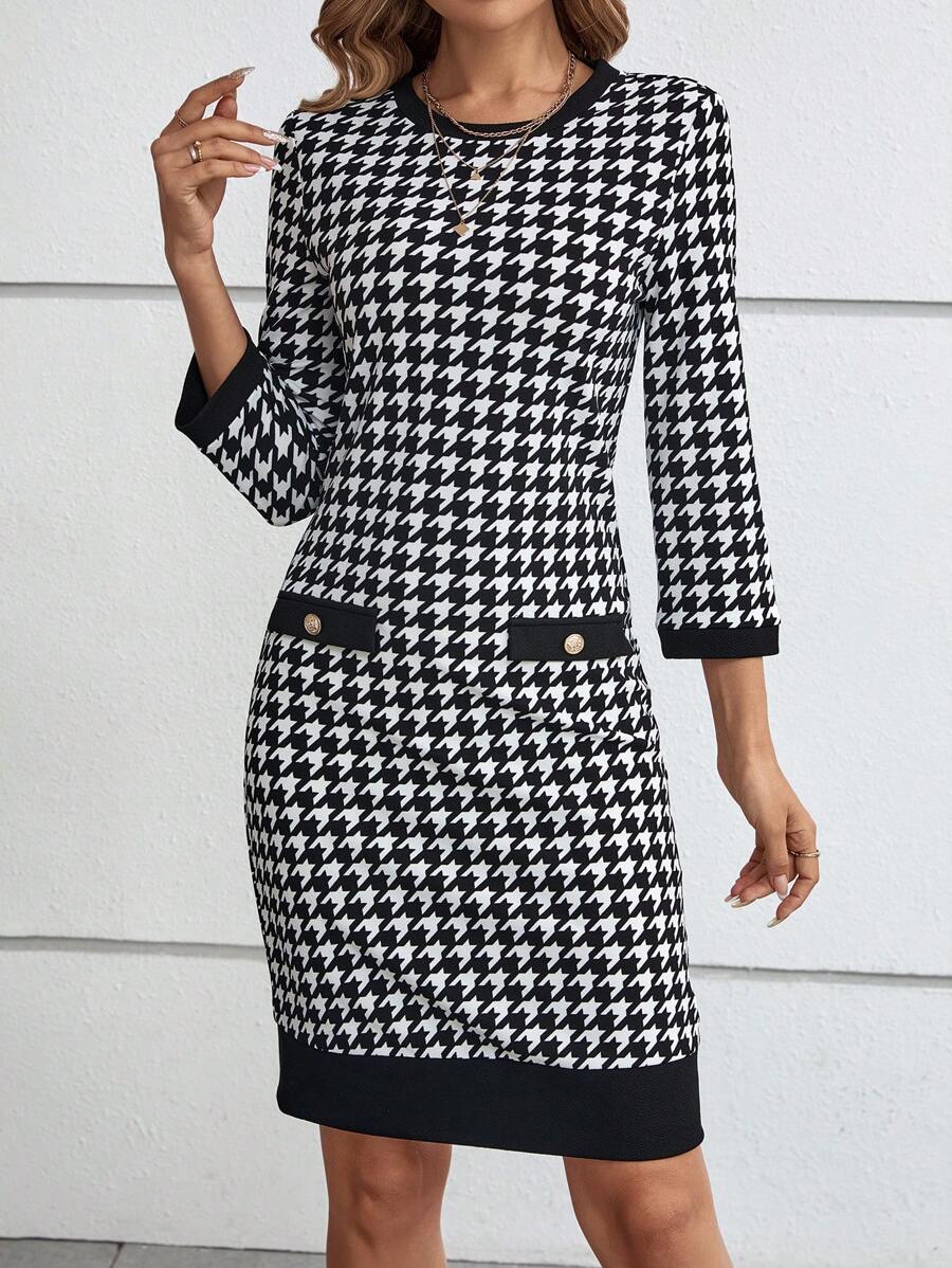 EMERY ROSE Houndstooth Print Fitted Dress | SHEIN USA