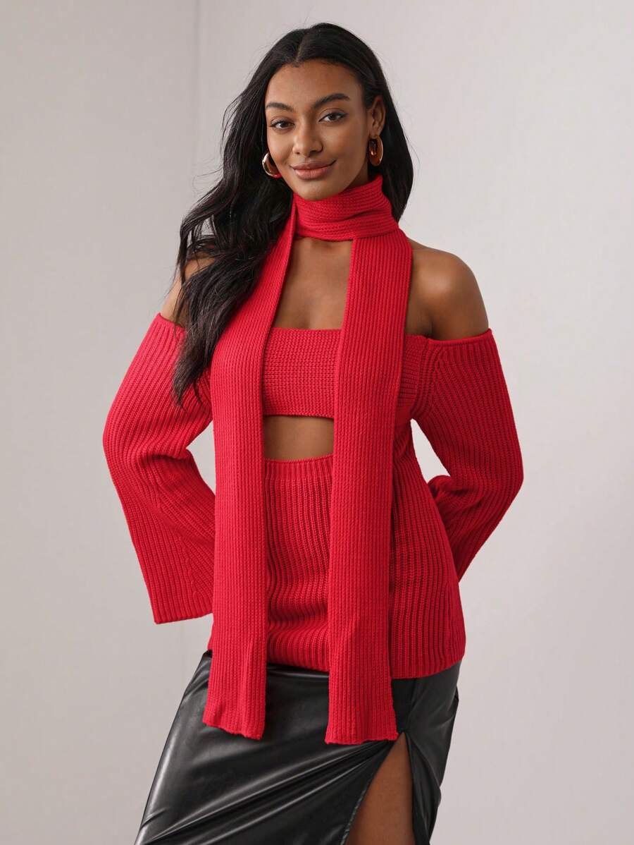 MAY‘G Designer Solid Off Shoulder Cut Out Sweater With Scarf, Fall, For ...