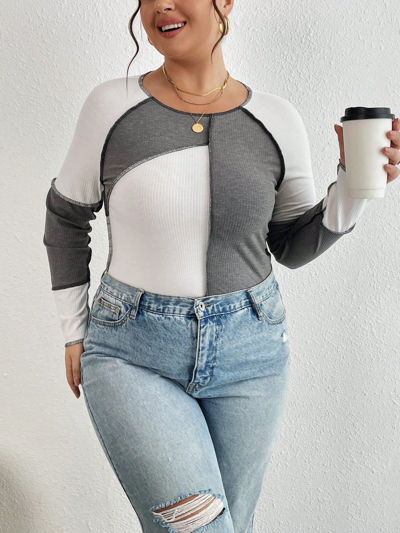 SHEIN Essnce Plus Two Tone Top-stitching Raglan Sleeve Tee | SHEIN USA