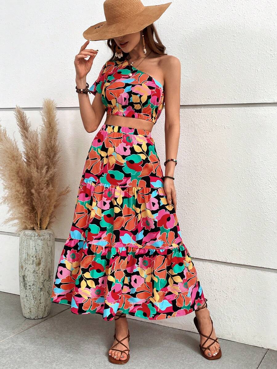 SHEIN VCAY All Over Print asymmetrischer Ausschnitt, Crop Top mit ...