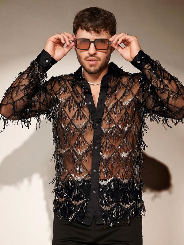 Manfinity Fever City Men Sequin Decor Button Front Shirt | SHEIN USA