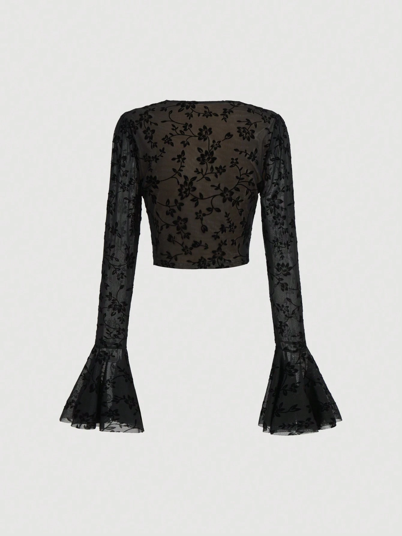 Shein Mod Floral Print Flare Sleeve Mesh Top Shein Usa