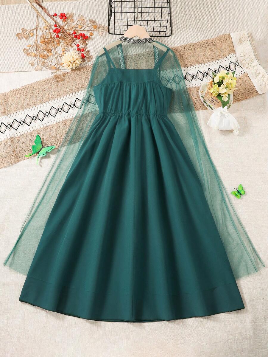 SHEIN Tween Girl Gorgeous Suit With Ribbon Robe Cape And Cami Dress ...