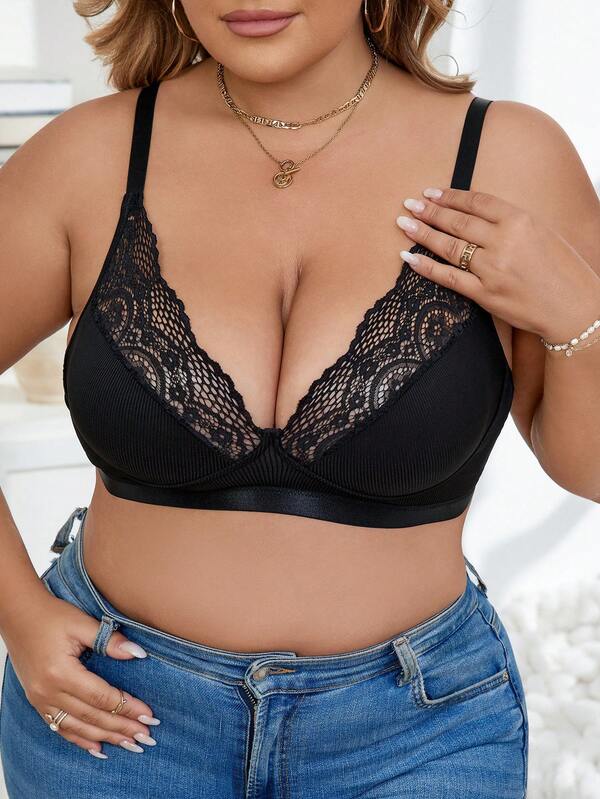 Plus Contrast Lace Underwire Bra | SHEIN USA
