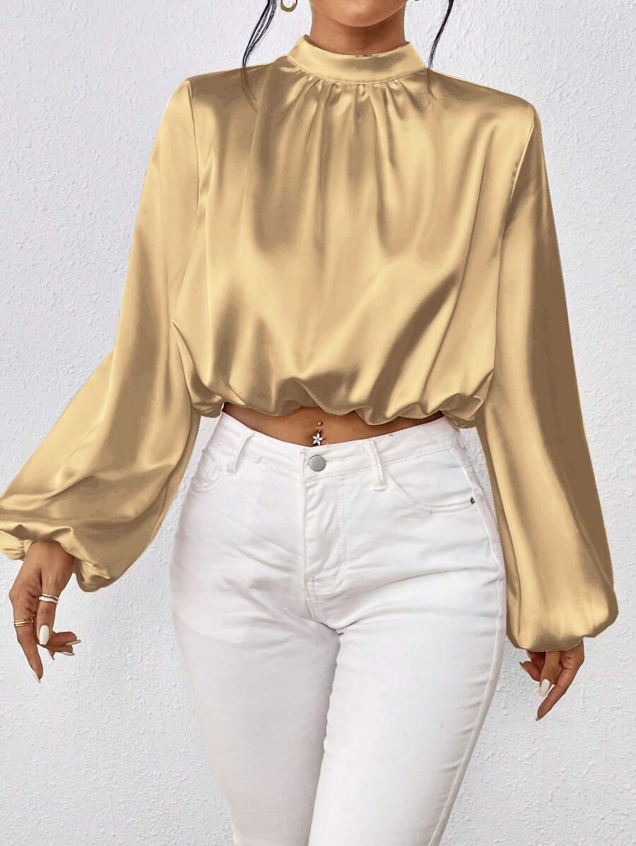 SHEIN Privé Mock Neck Lantern Sleeve Crop Satin Blouse | SHEIN USA