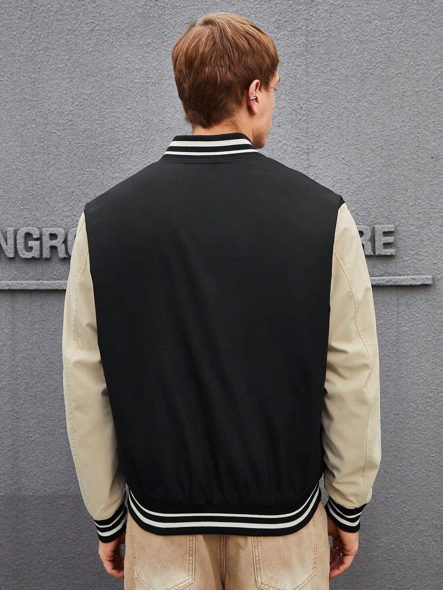 Manfinity RebelGame Oversized Men's Letter Patched Striped Trim Colorblocked Varsity Jacket ...