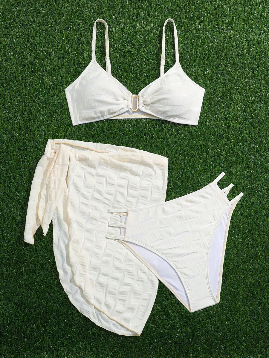 Teenage Girls 3pcs Plain Bikini Set With Tie Beach Skirt Shein Usa