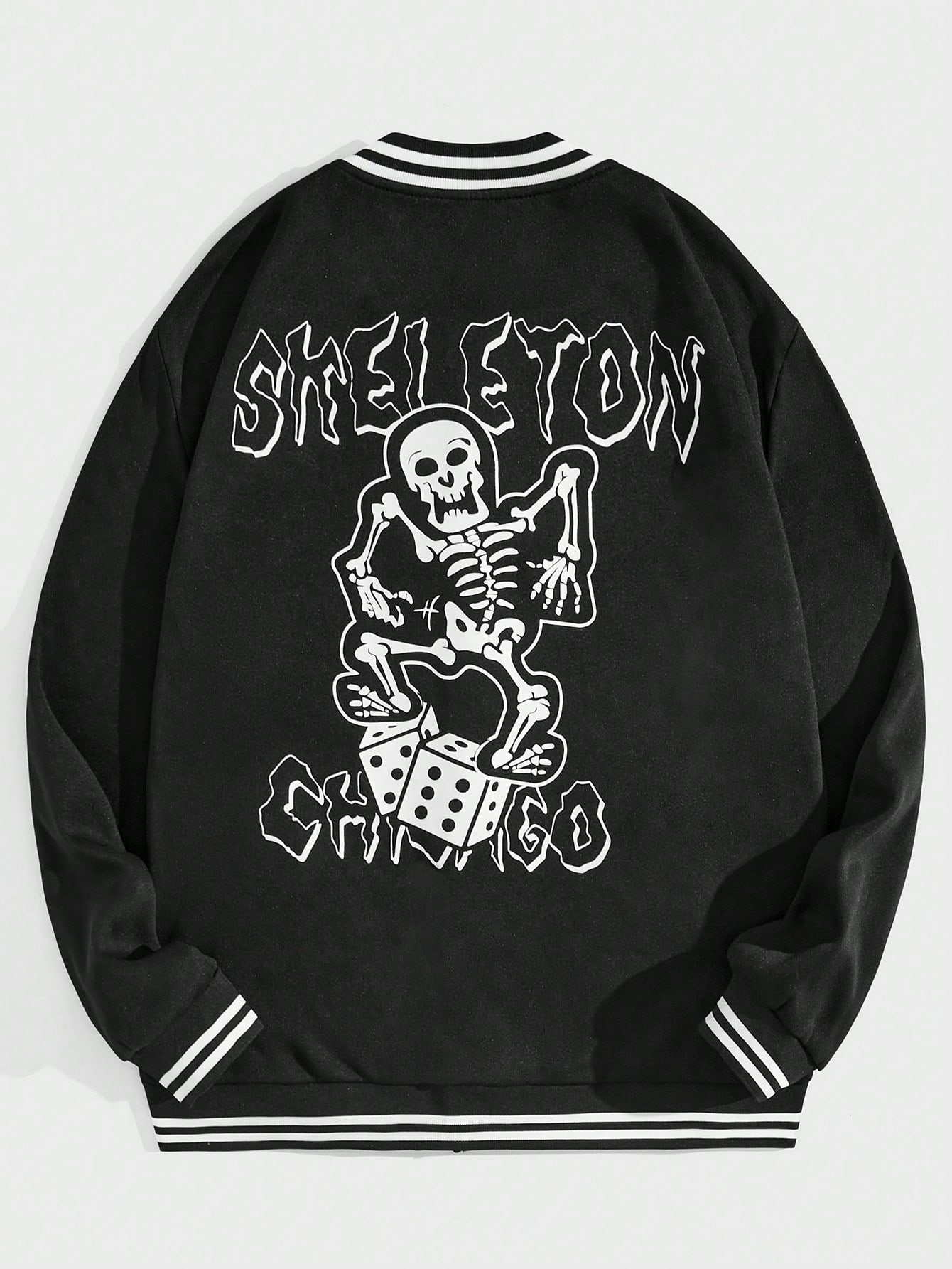 ROMWE Goth Men Skull & Letter Pattern Stripe Edge Button Front Jacket ...