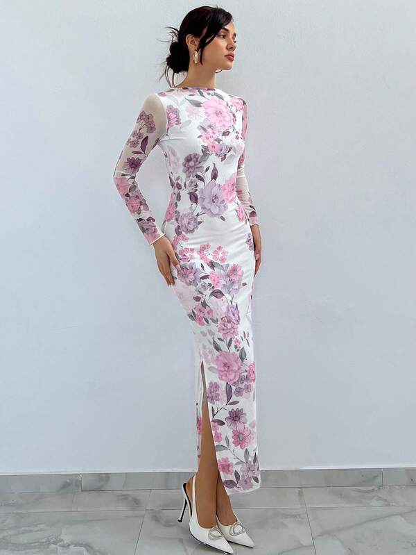 SHEIN Privé Floral Print Contrast Mesh Split Thigh Bodycon Dress ...