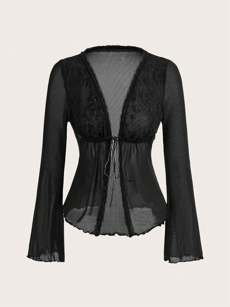 SHEIN ICON Hippie Contrast Lace Flare Sleeve Tie Front Mesh Top | SHEIN USA