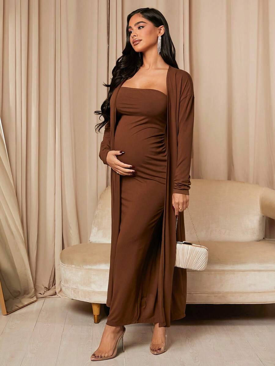 MaterniChic Maternity Solid Tube Bodycon Dress With Coat | SHEIN USA