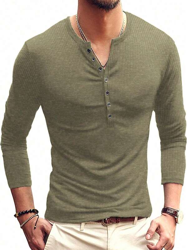 NITAGUT Men Half Button Ribbed Knit Tee | SHEIN USA