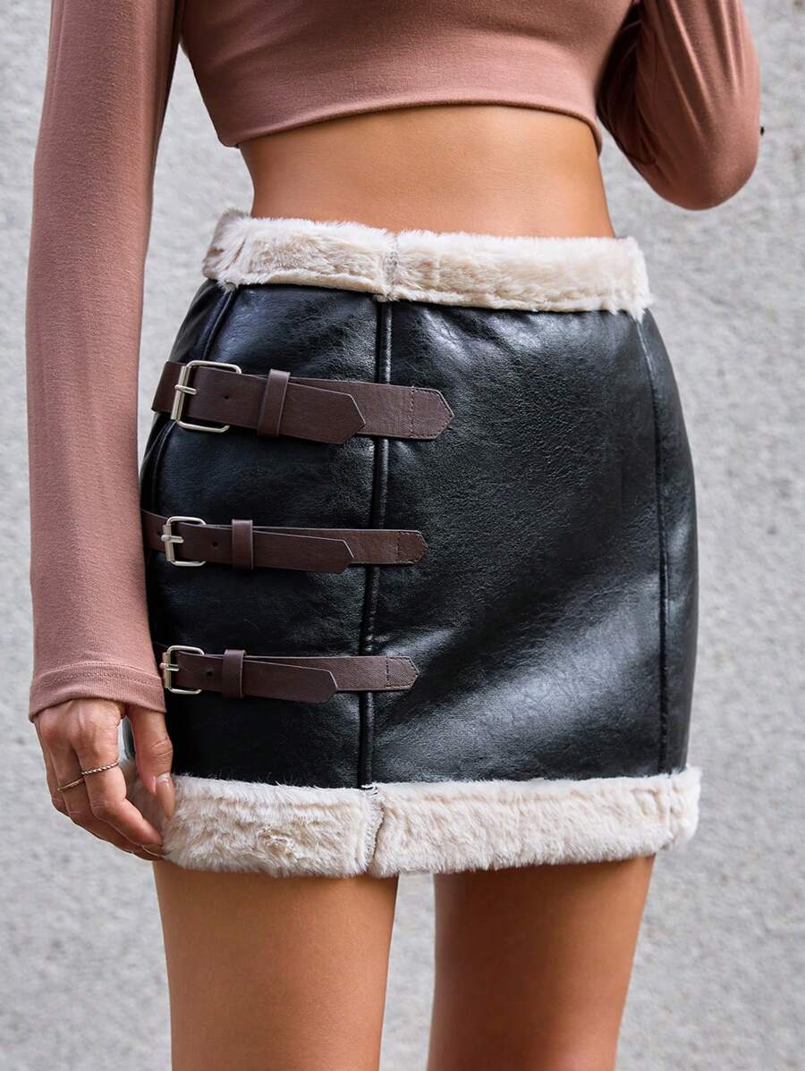 Aveloria Buckle Detail Contrast Fuzzy Trim PU Leather Skirt | SHEIN USA