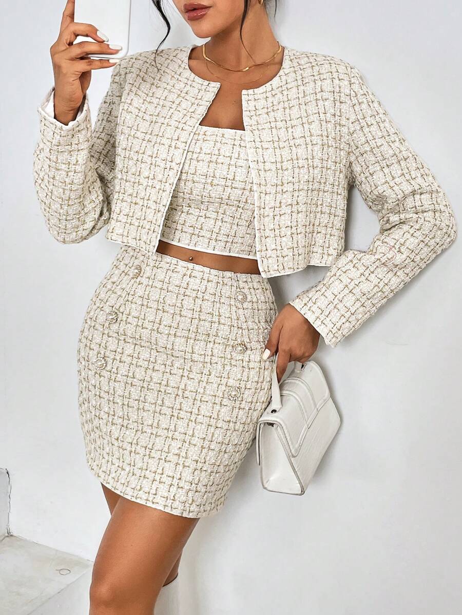 SHEIN Privé Cazadora crop con estampado de cuadros & Falda & Top ...