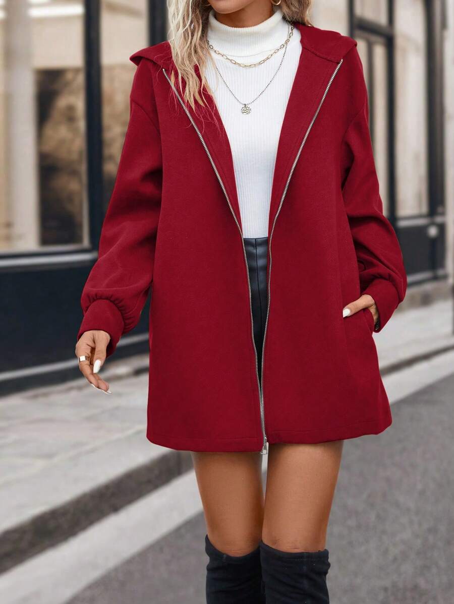 SHEIN LUNE Zip Up Drop Shoulder Hooded Coat | SHEIN USA