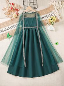 SHEIN Tween Girl Gorgeous Suit With Ribbon Robe Cape And Cami Dress ...