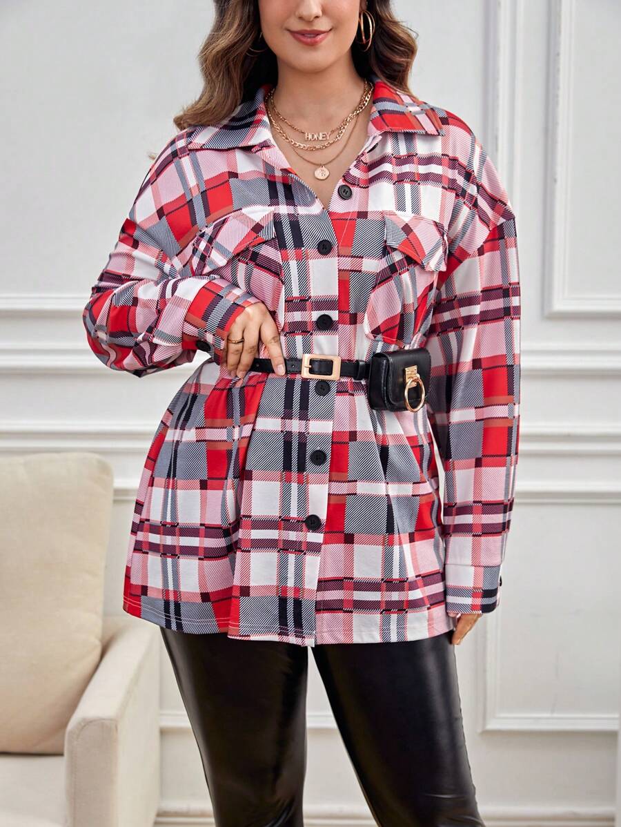 SHEIN Essnce Große Größe Shirt mit Plaid Muster, Pattentasche, Drop ...