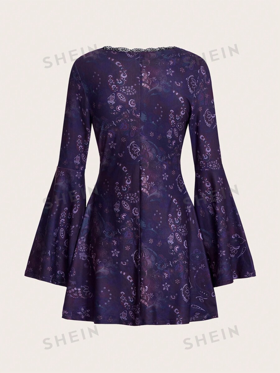 SHEIN ICON Floral Print Contrast Lace Dress | SHEIN USA