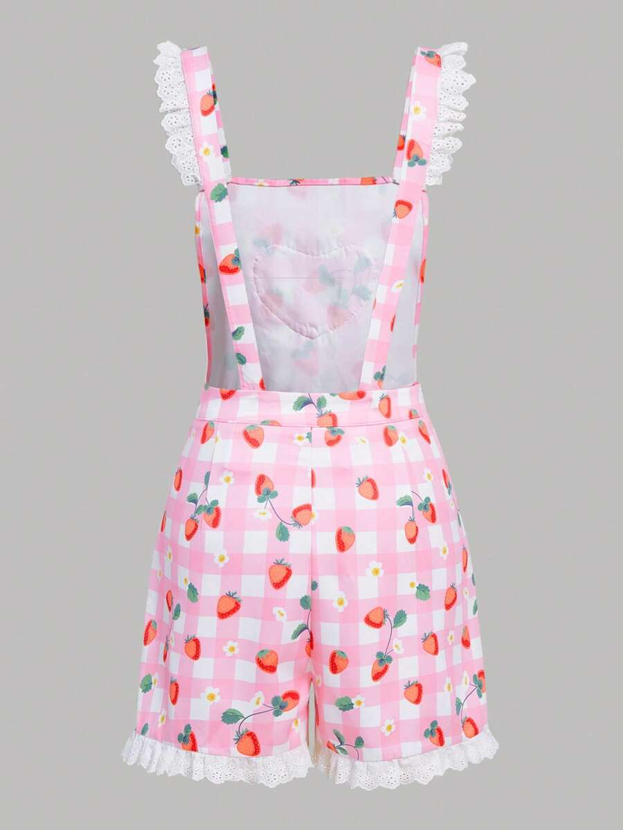ROMWE Kawaii Women's Strawberry Check Print Overalls Jumpsuit | SHEIN USA