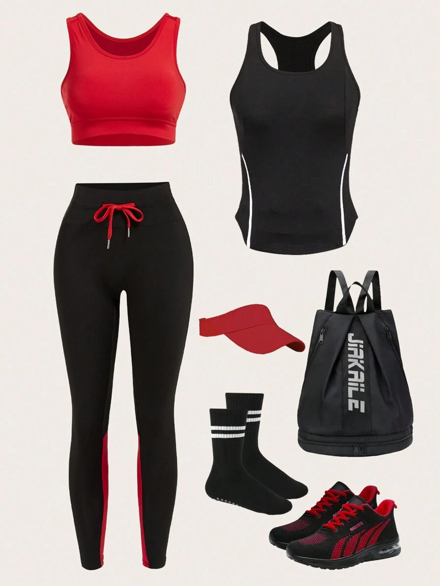 Easify SHEIN Sport 3Pcs Contrast Binding Sports Set Gym Clothes Workout Clothes Workout Women ...