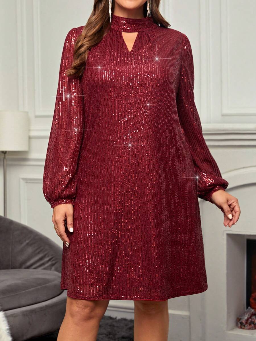 EMERY ROSE Plus Keyhole Neckline Lantern Sleeve Sequin Dress | SHEIN USA