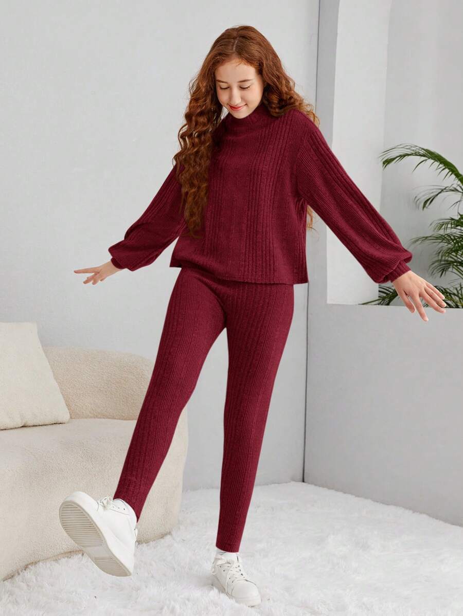 SHEIN Teen Girl Mock Neck Ribbed Knit Lantern Sleeve Top & Leggings | SHEIN USA