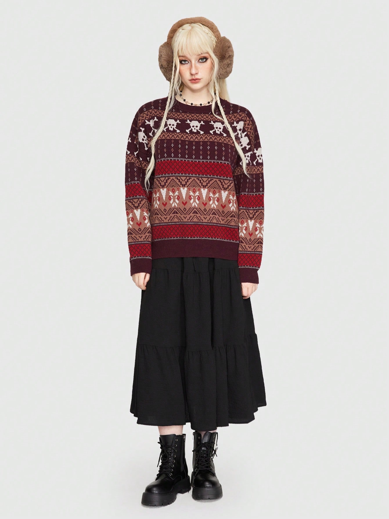 ROMWE Fairycore Skull & Geometric Pattern Drop Shoulder Sweater | SHEIN USA