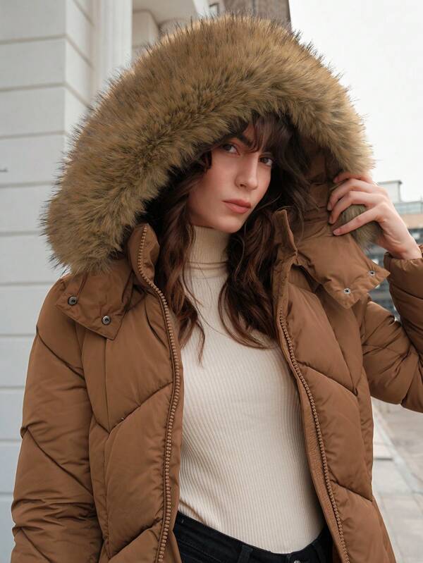 Anewsta Fuzzy Trim Hooded Puffer Coat | SHEIN USA
