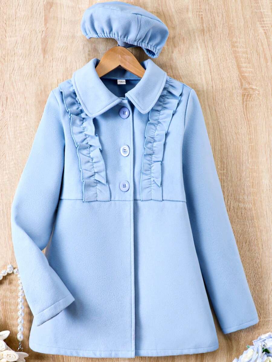 SHEIN Tween Girl Ruffle Trim Overcoat & Hat | SHEIN UK
