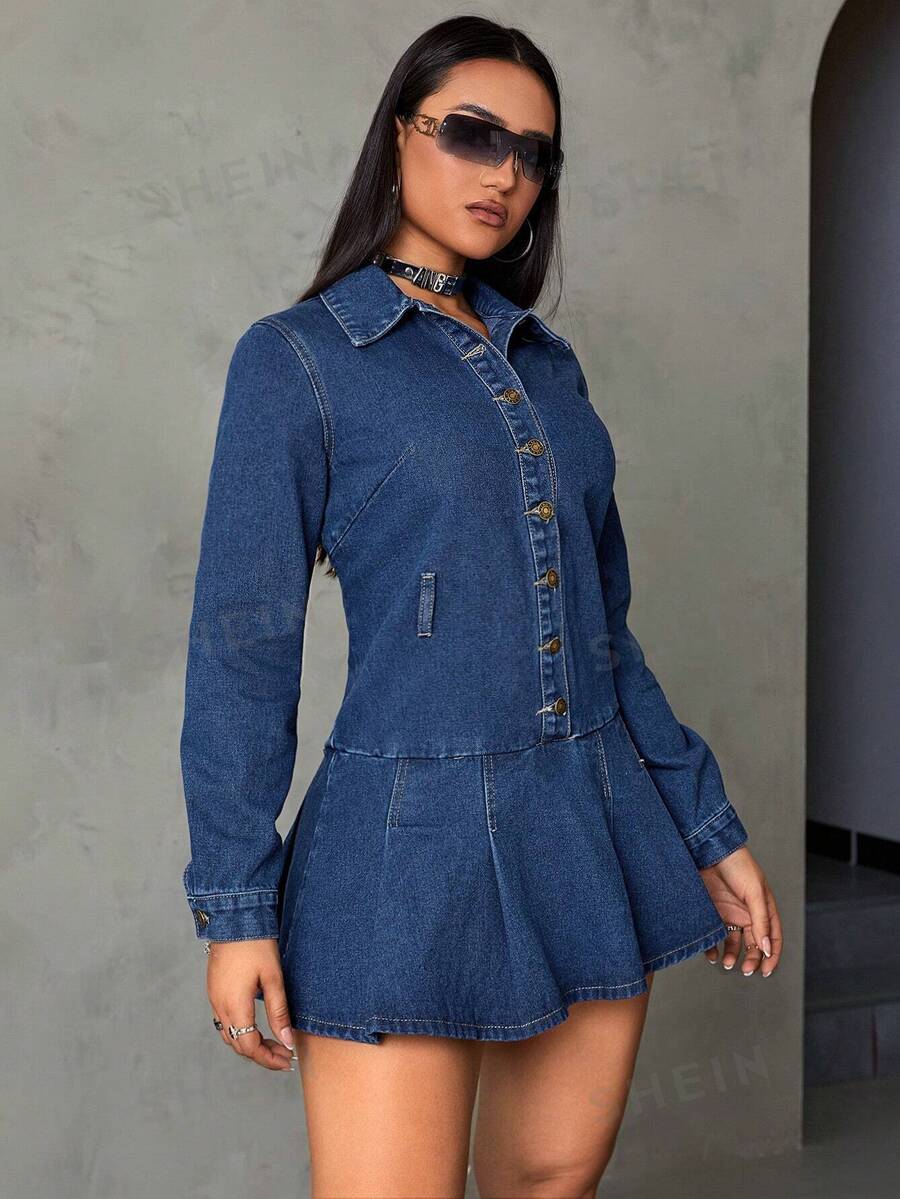 SHEIN ICON Button Front Denim Dress Without Belt | SHEIN USA