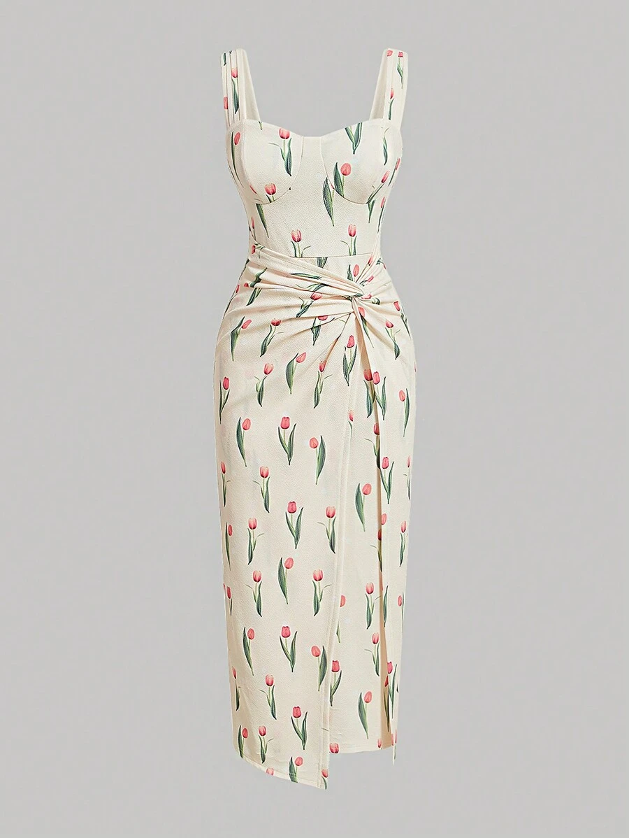 SHEIN MOD Allover Floral Print Romantic Tulip Print Pattern Twist Front ...