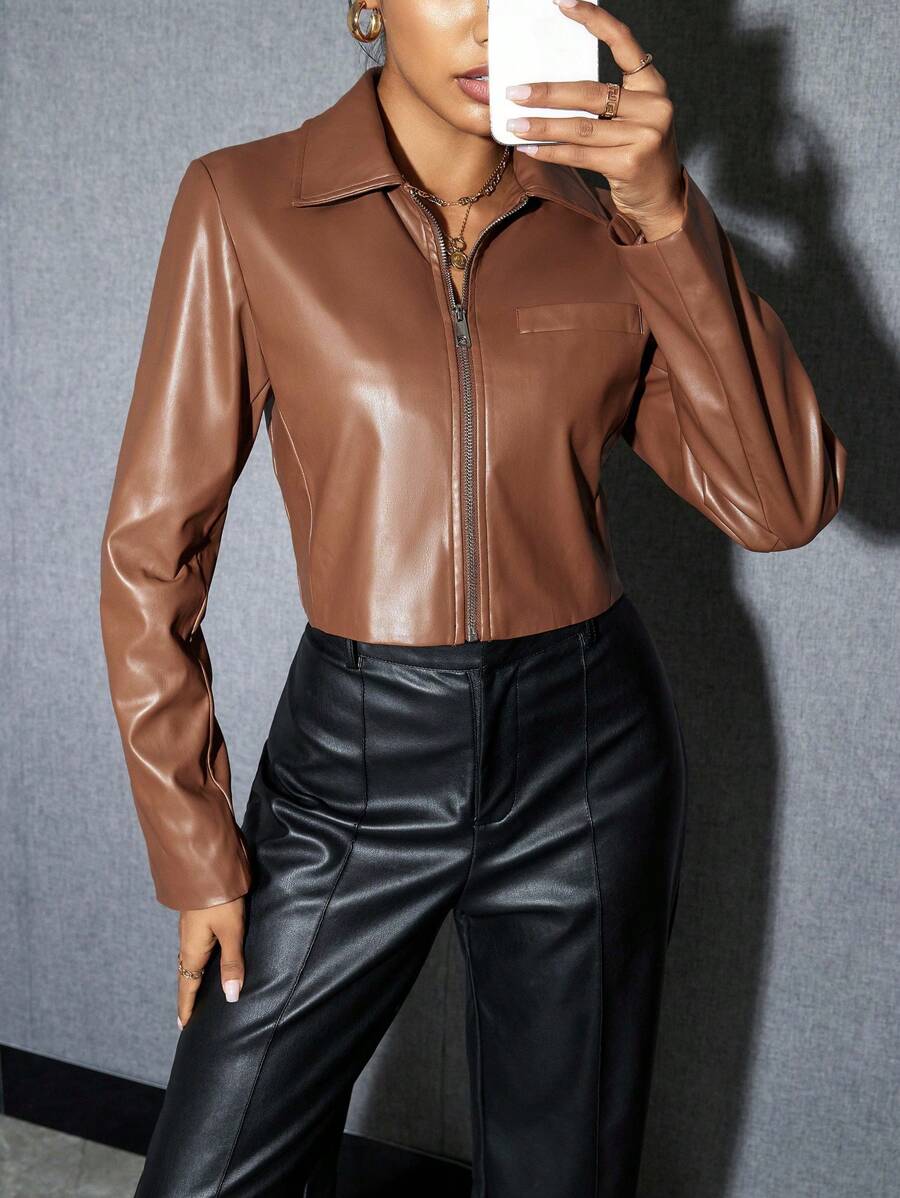 SHEIN Essnce Zip Up PU Leather Jacket | SHEIN USA