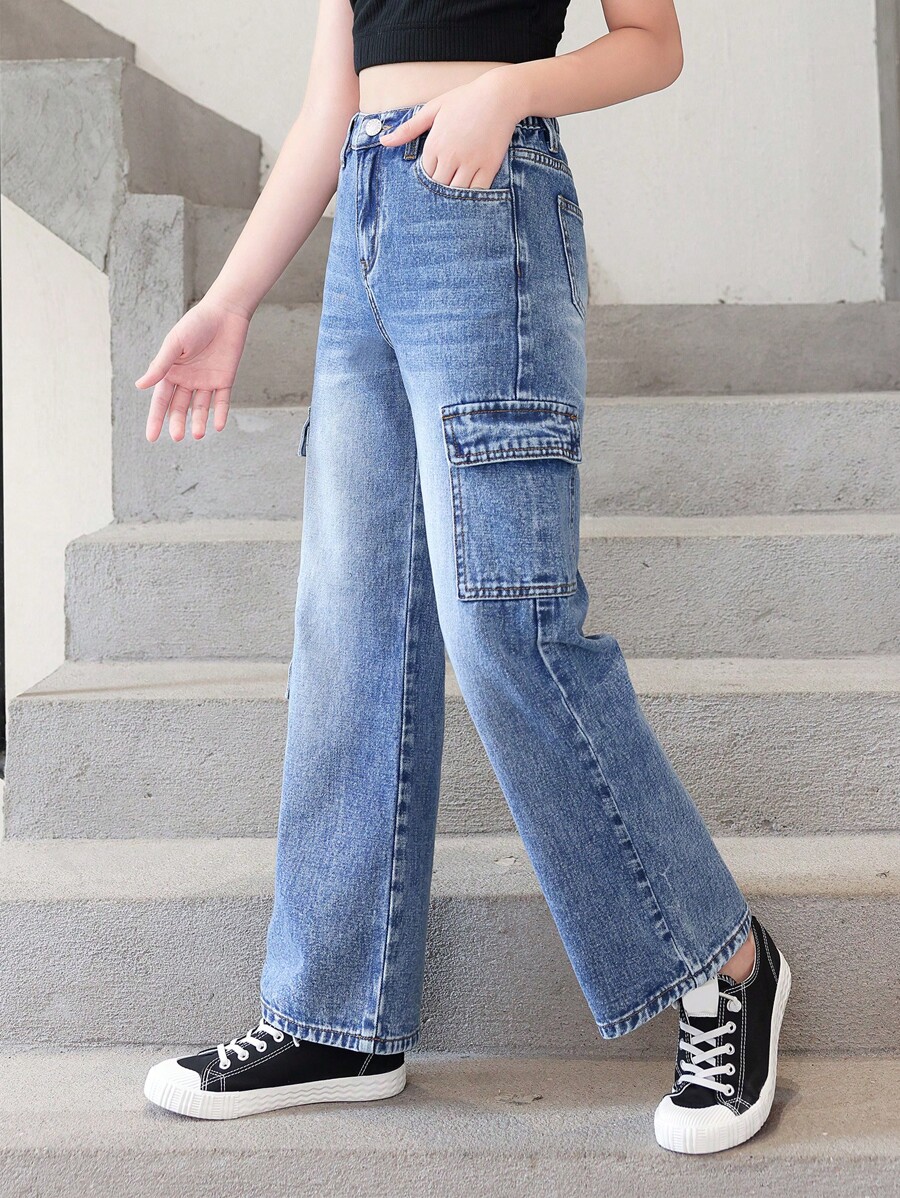 Tween Girl Flap Pocket Side Cargo Jeans | SHEIN USA