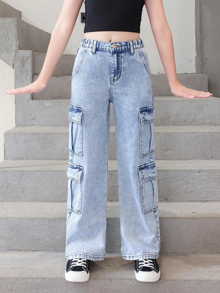 Tween Girl Flap Pocket Cargo Jeans | SHEIN USA