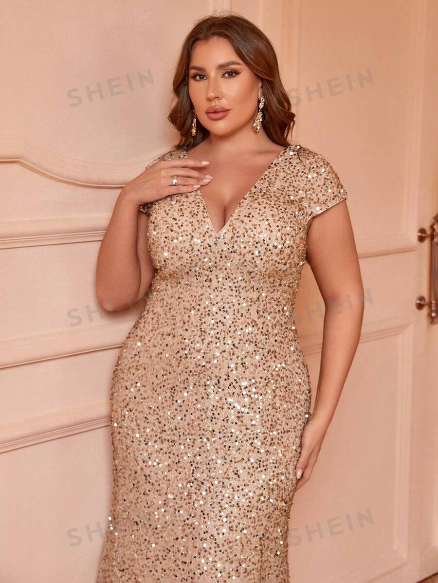 SHEIN Belle Luxurious Beaded Deep V-neck Formal Dress Elegant Plus Size ...