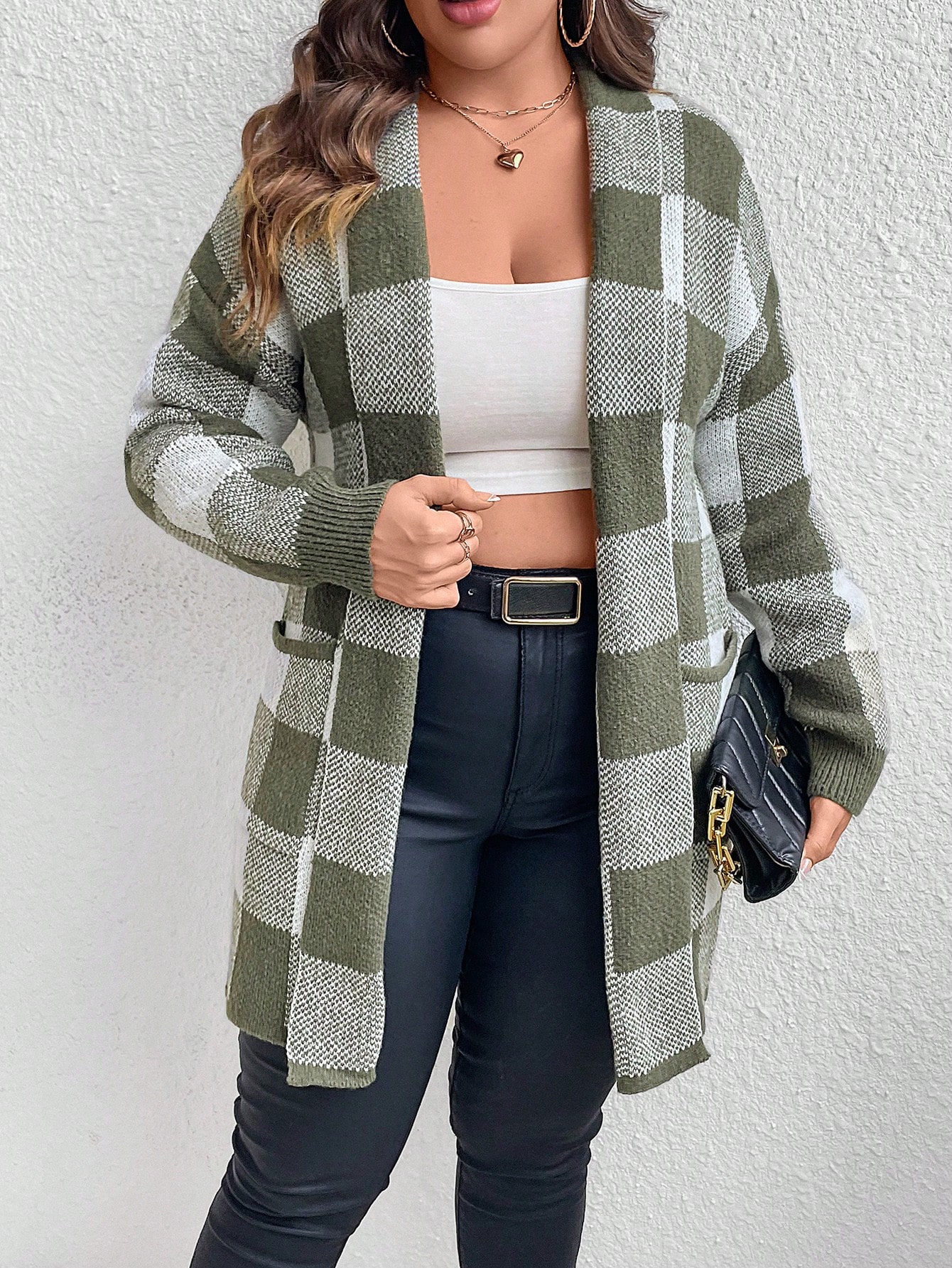 SHEIN Privé Plus Buffalo Plaid Pattern Drop Shoulder Open Front ...