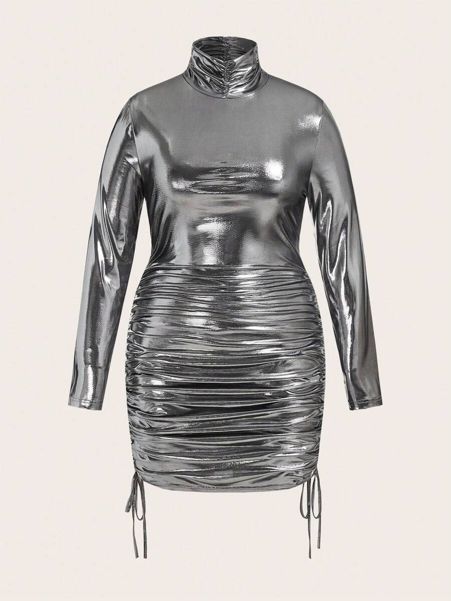 SHEIN ICON Plus High Neck Drawstring Side Metallic Dress | SHEIN USA