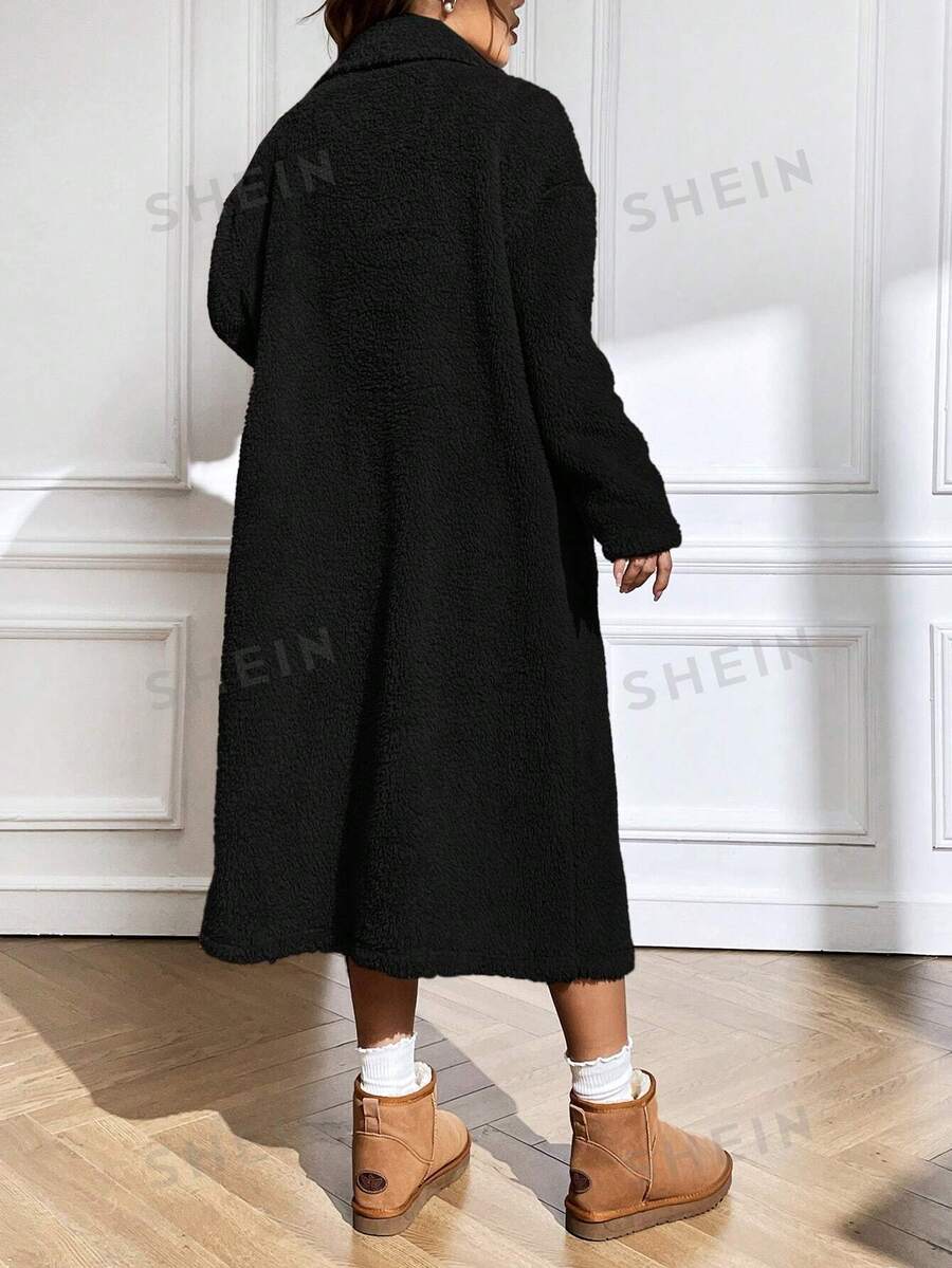 SHEIN EZwear Lapel Neck Double Button Teddy Coat | SHEIN UK
